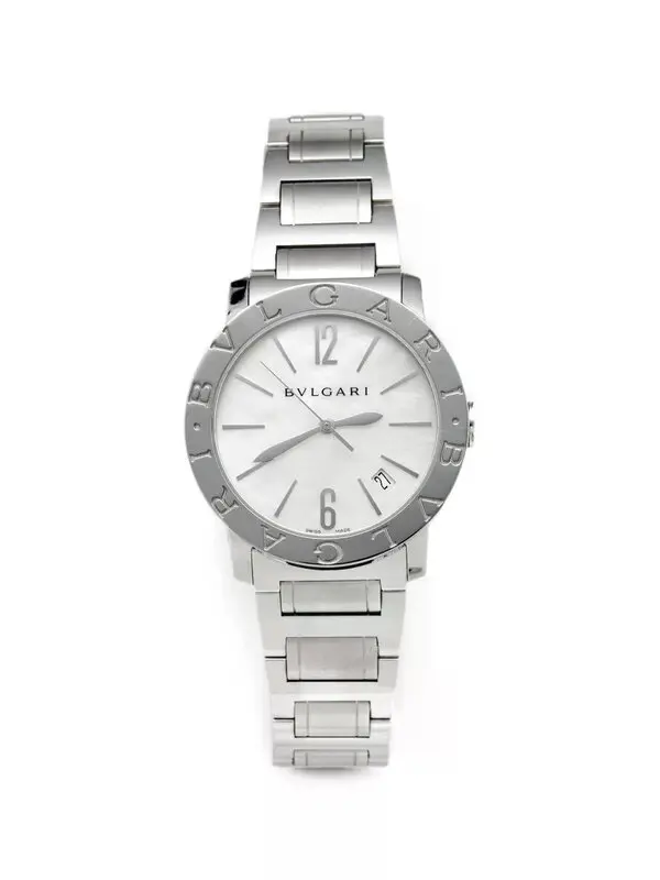 BVLGARI 37mm Engraved Bezel Stainless Steel Watch With Mother-of-pearl Dial