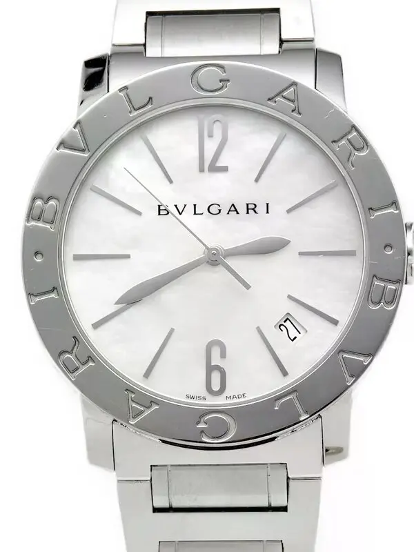 BVLGARI 37mm Engraved Bezel Stainless Steel Watch With Mother-of-pearl Dial