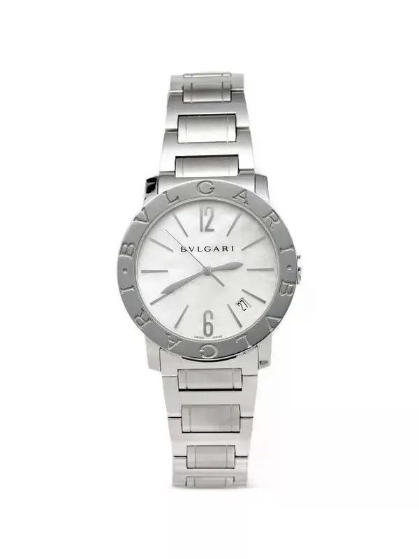 BVLGARI 37mm Engraved Bezel Stainless Steel Watch With Mother-of-pearl Dial - White