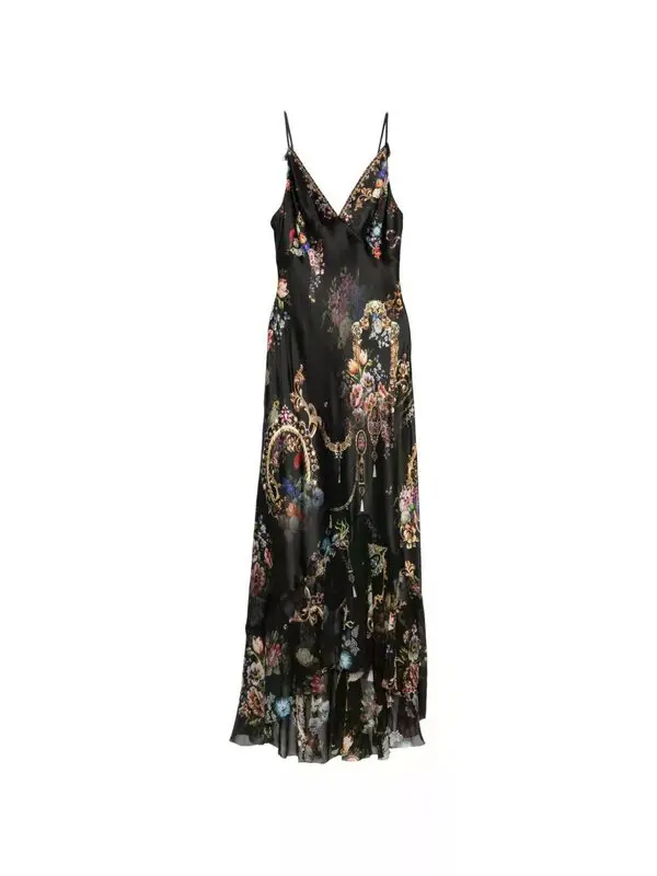 Camilla Floral-print Rhinestone-embellished Asymmetric Dress - Black