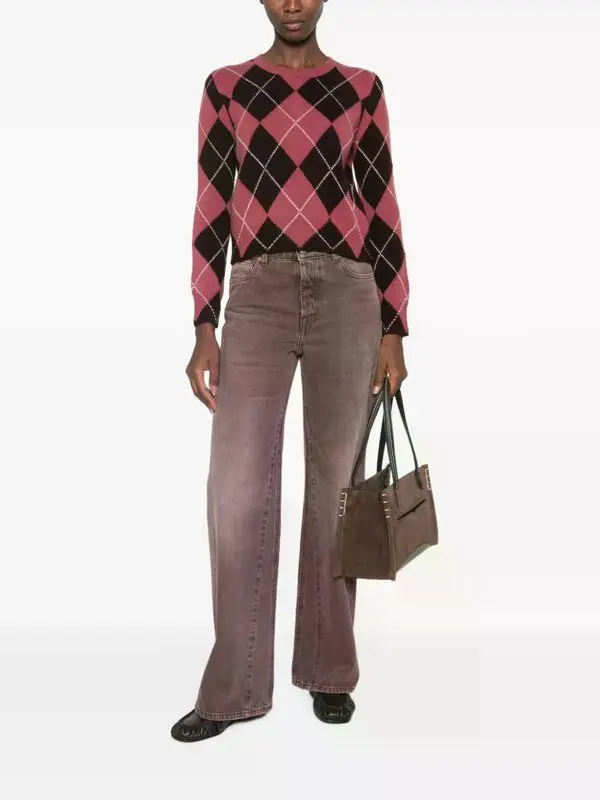 BEYOU Argyle Pattern Crew Neck Sweater - Pink