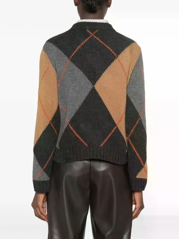 BEYOU Round-neck Argyle-knit Sweater