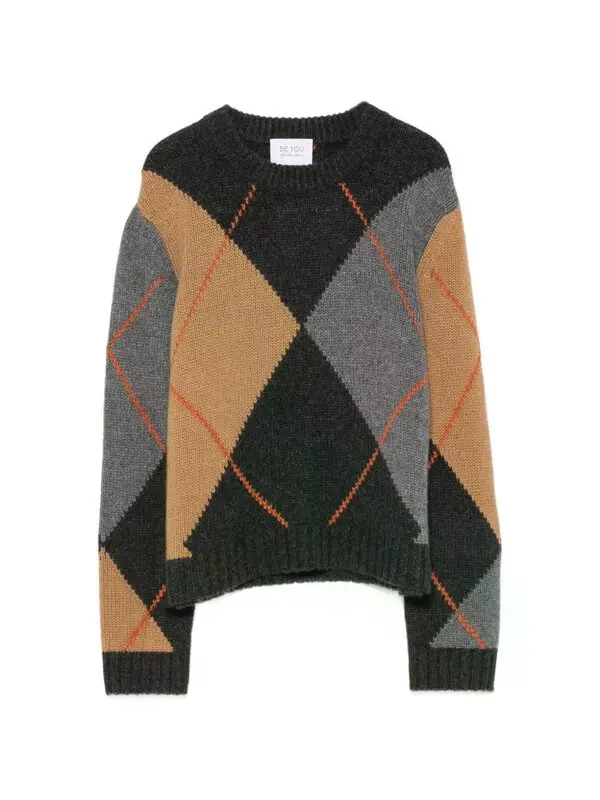 BEYOU Round-neck Argyle-knit Sweater