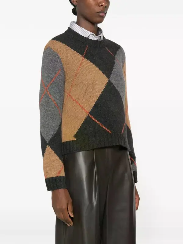 BEYOU Round-neck Argyle-knit Sweater
