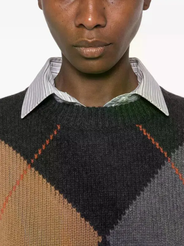 BEYOU Round-neck Argyle-knit Sweater