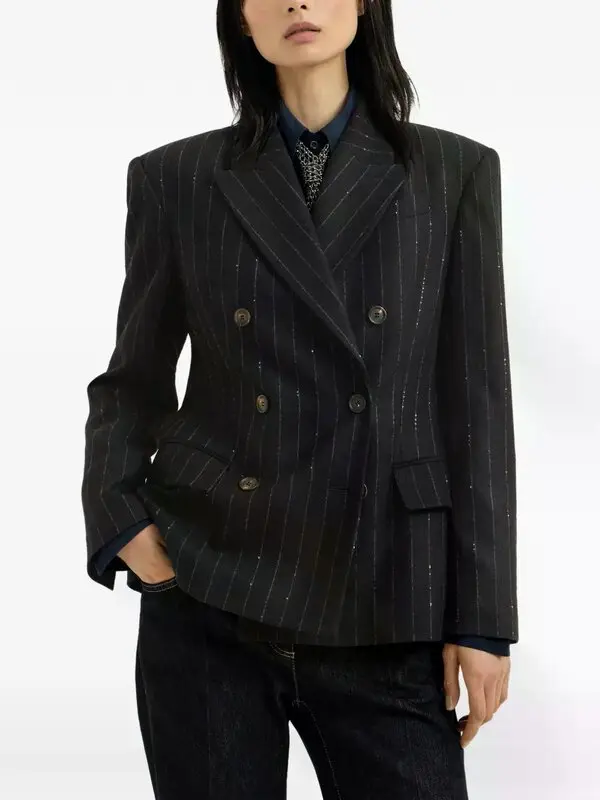 Brunello Cucinelli Dazzling Chalk Stripe Virgin Wool Blazer With Monili Embellishments