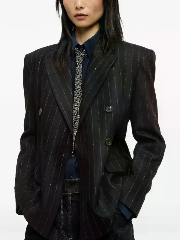 Brunello Cucinelli Dazzling Chalk Stripe Virgin Wool Blazer With Monili Embellishments