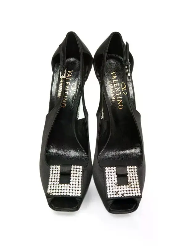 Valentino Garavani Satin Crystal Embellished Peep Toe Block Heel Pumps
