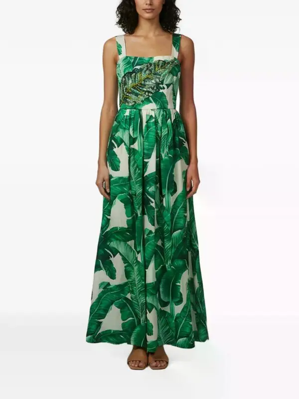 Dolce & Gabbana Palm Leaf Print Embellished Maxi Dress