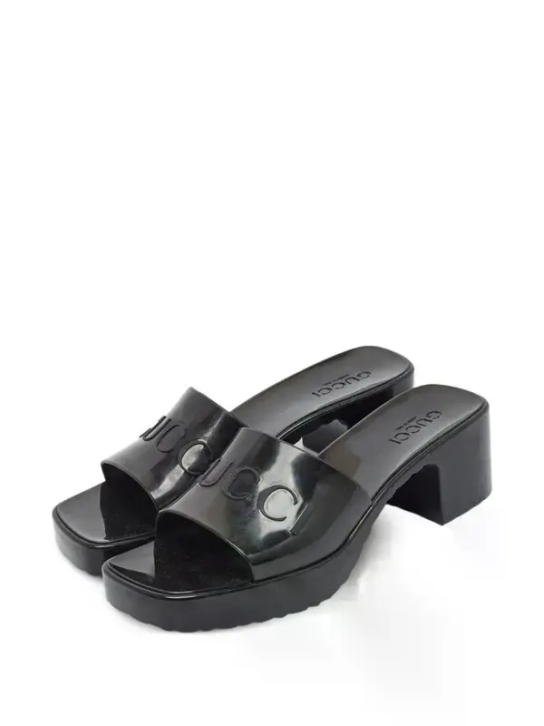 Gucci Rubber Embossed Logo Block Heel Sandals - Black