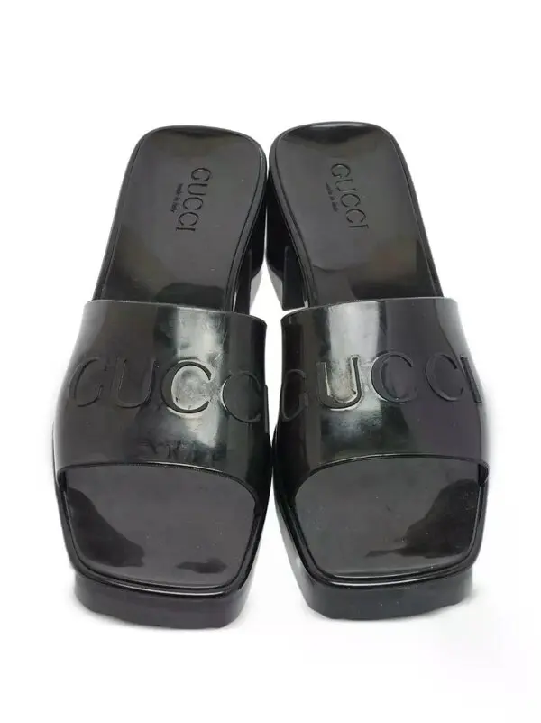 Gucci Rubber Embossed Logo Block Heel Sandals - Black