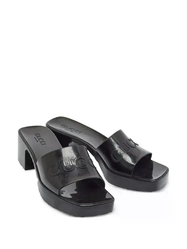 Gucci Rubber Embossed Logo Block Heel Sandals - Black