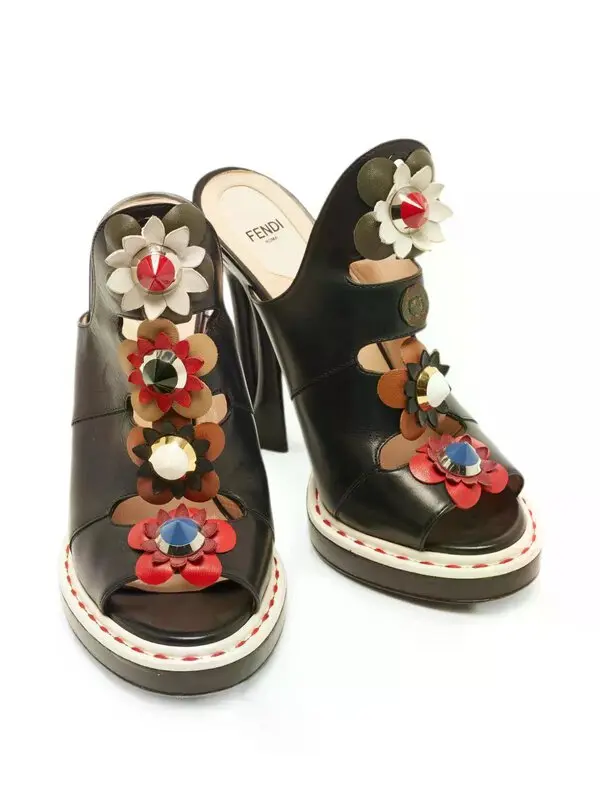 Fendi Leather Floral Appliqué Sculptural High Heel Platform Sandals