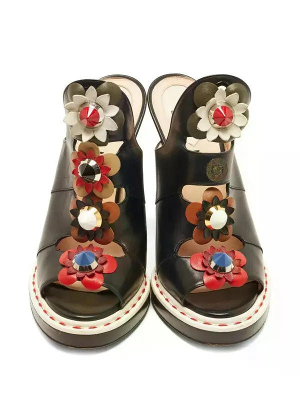 Fendi Leather Floral Appliqué Sculptural High Heel Platform Sandals