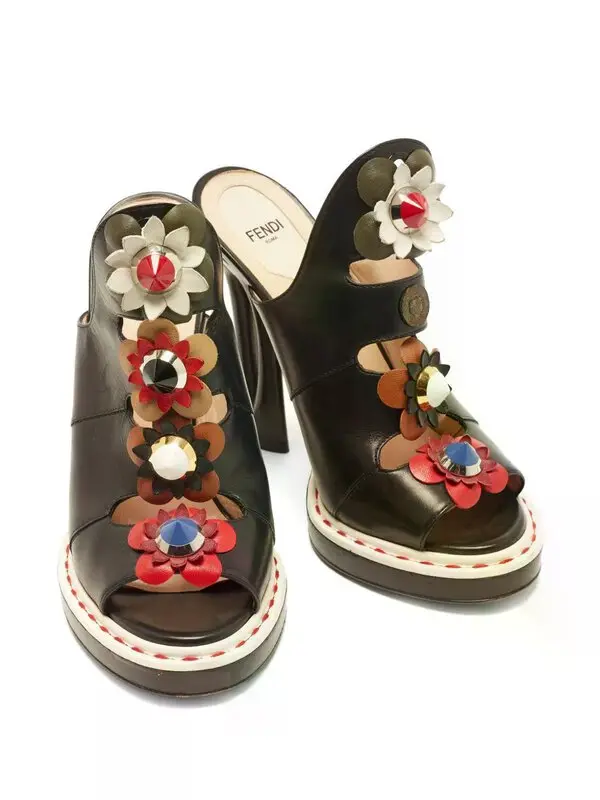 Fendi Leather Floral Appliqué Sculptural High Heel Platform Sandals