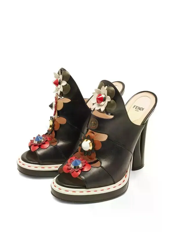 Fendi Leather Floral Appliqué Sculptural High Heel Platform Sandals
