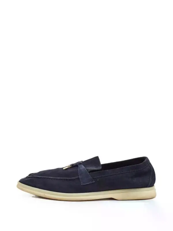 Loro Piana Navy Suede Almond Toe Loafers With Gold-tone Logo Charms - Blue