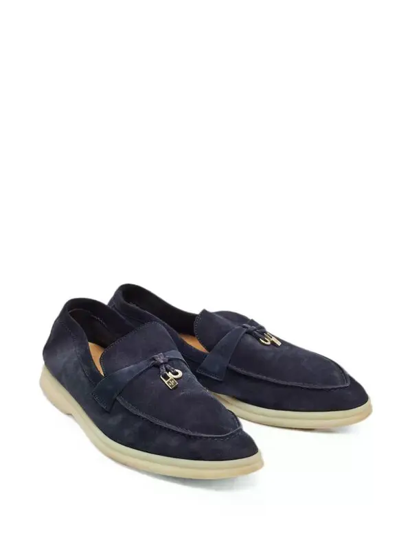 Loro Piana Navy Suede Almond Toe Loafers With Gold-tone Logo Charms - Blue