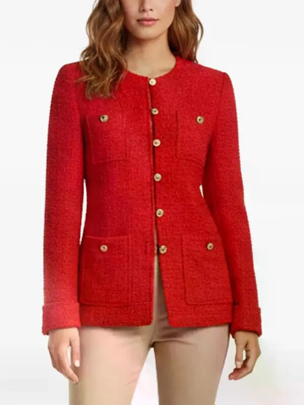 Gucci Textured Tweed Collarless Jacket With Interlocking G Buttons