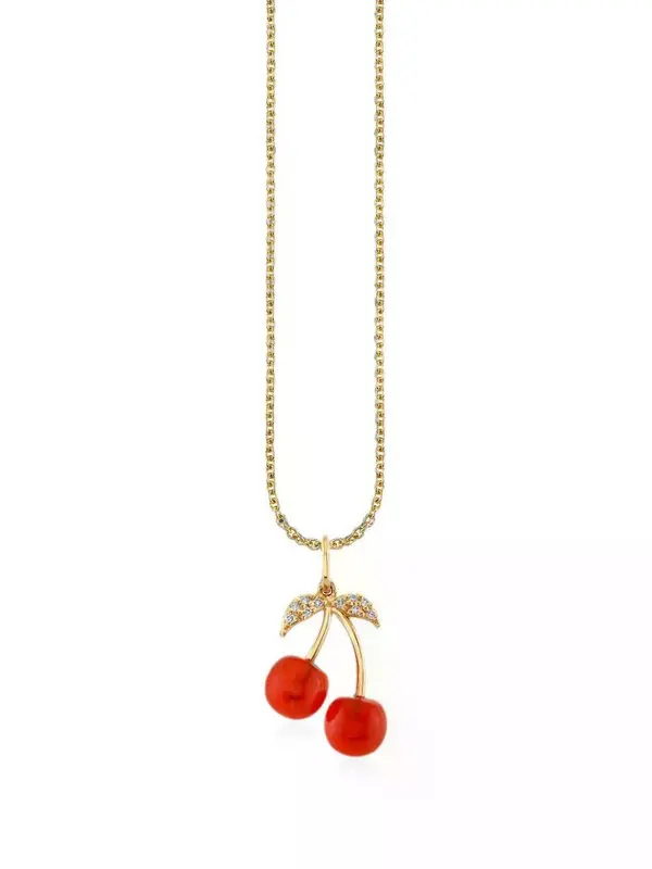 SYDNEY EVAN Cherry Motif Carved Stone Diamond Necklace - Gold