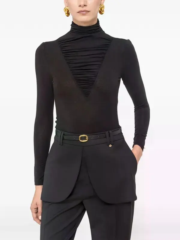 NISSA Lyocell-wool Blend Turtleneck Top With Ruched Detailing - Black