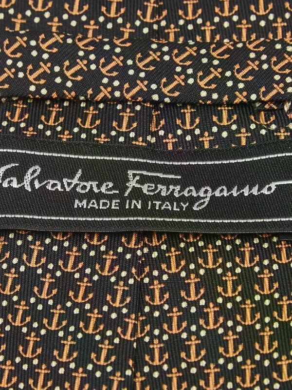 FERRAGAMO Anchor Pattern Silk Neck Tie - Black