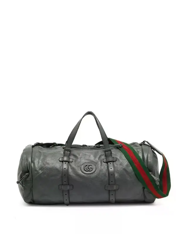 Gucci Leather Logo Plaque Duffel Travel Bag - Grey