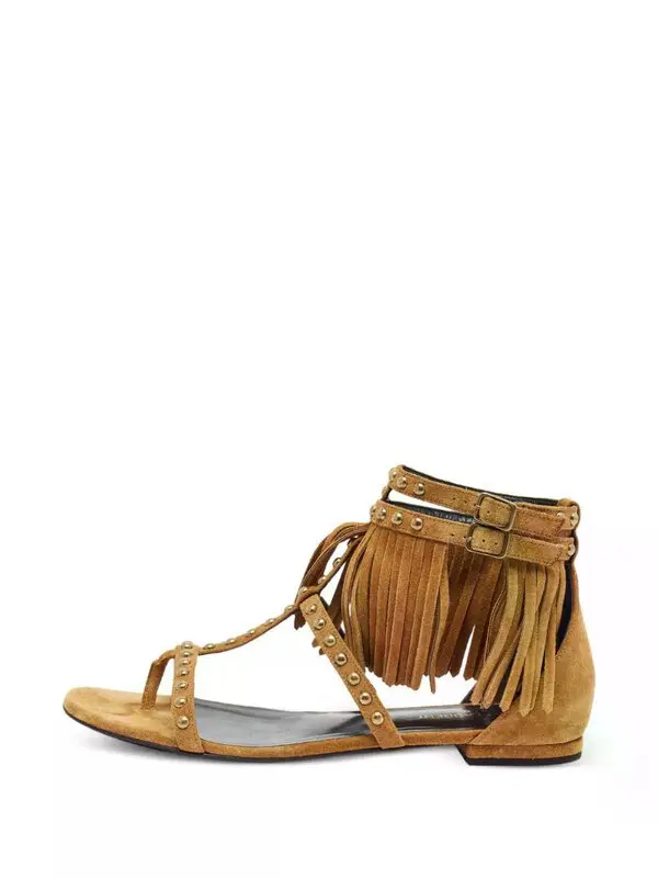 Saint Laurent Fringed Studded Sandals - Brown