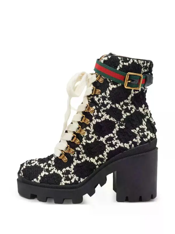 Gucci Gg Logo Tweed Combat Boots - Black