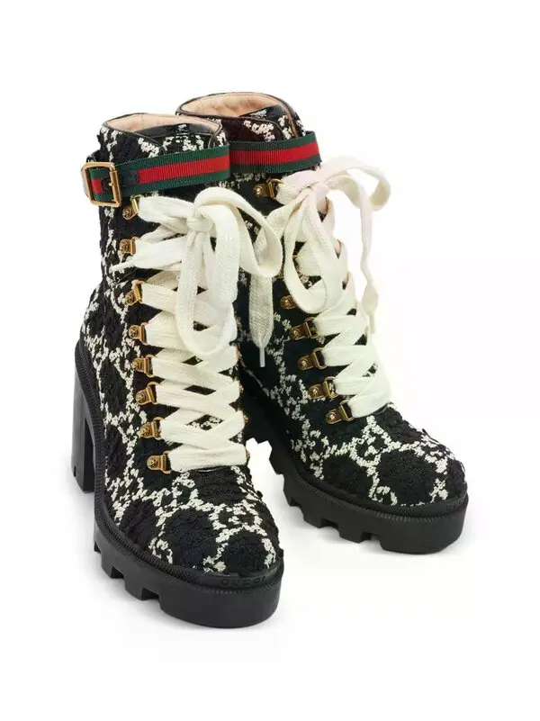 Gucci Gg Logo Tweed Combat Boots