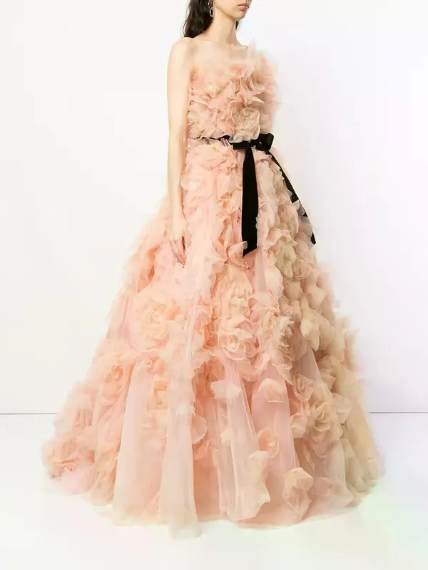 Marchesa Strapless Tulle Ballgown With Floral Appliqués - Pink