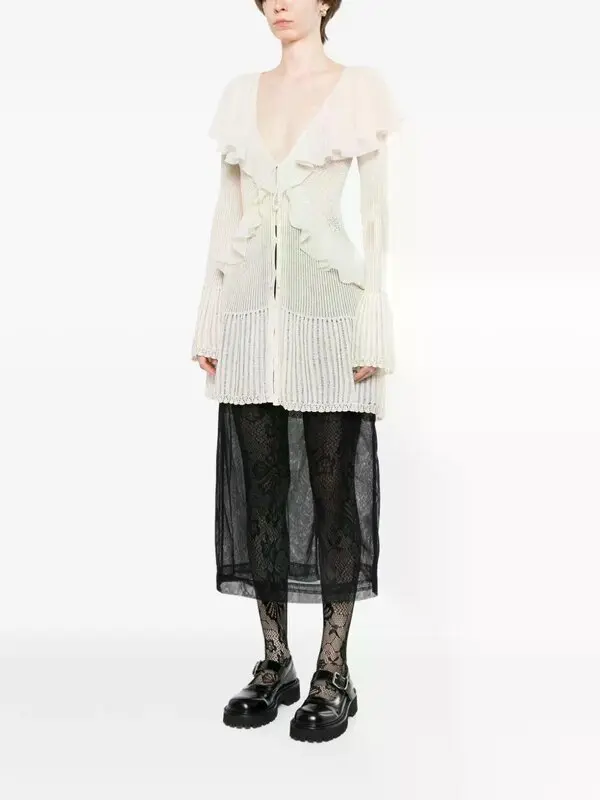 FETICO Ecru Ruffled Ribbed Cardigan