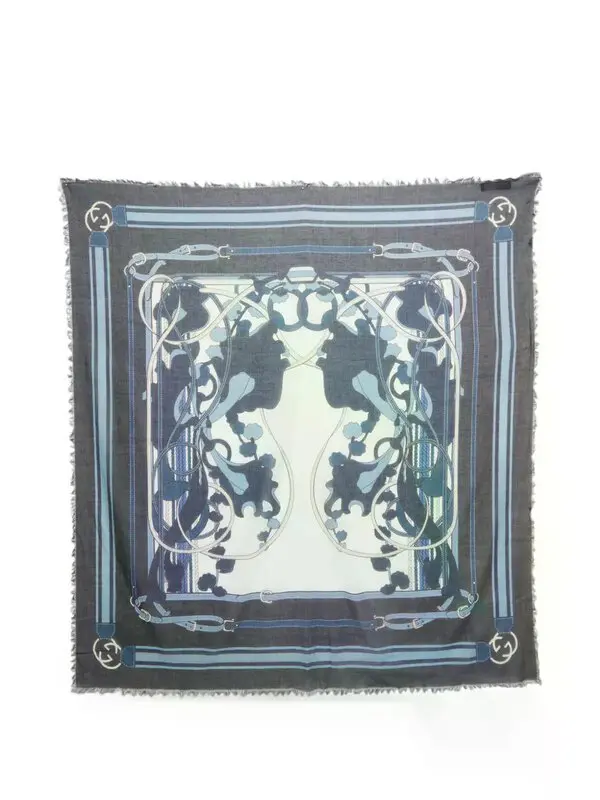 Gucci Equestrian Belt Print Scarf With Fringed Edges - Blue