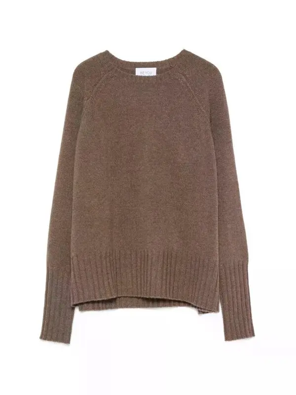 BEYOU Long Sleeve Crew Neck Sweater - Brown