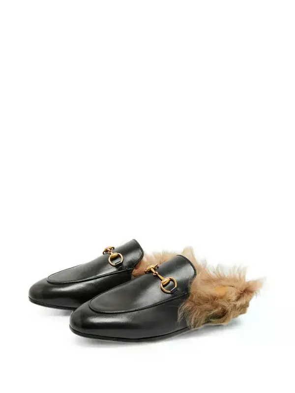 Gucci Princetown Horsebit Flat Mules With Shearling Lining - Black