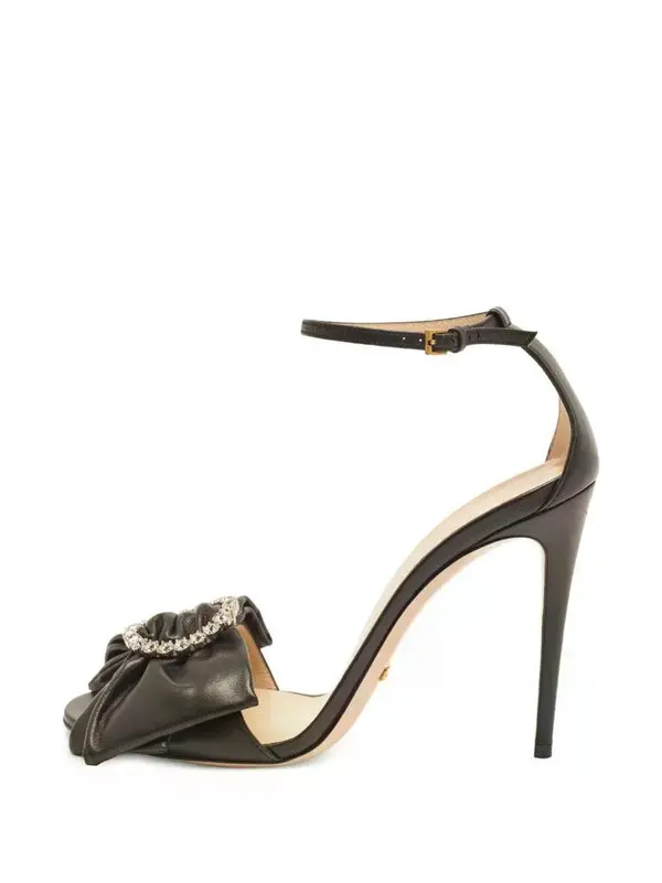 Gucci Leather Crystal Embellished Bow Trim Stiletto Sandals - Black