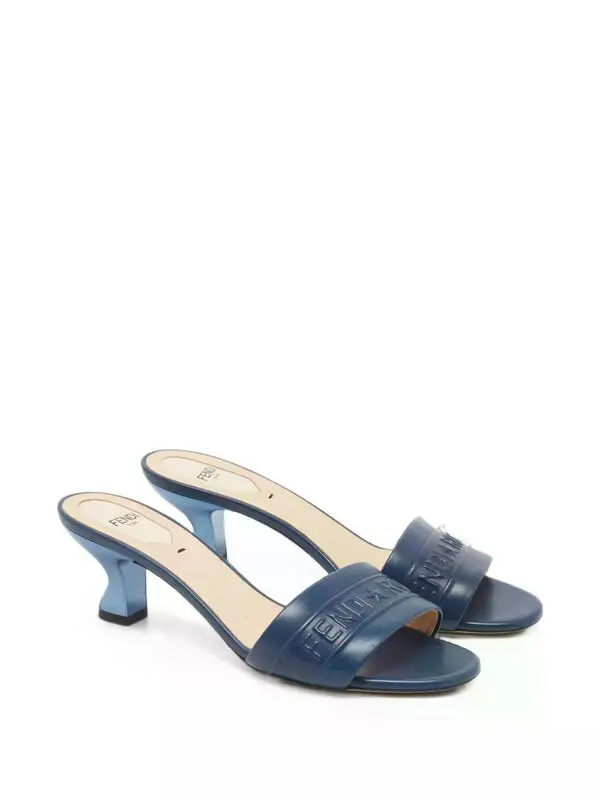 Fendi Roma Logo Embossed Leather Mid Heel Sandals - Blue