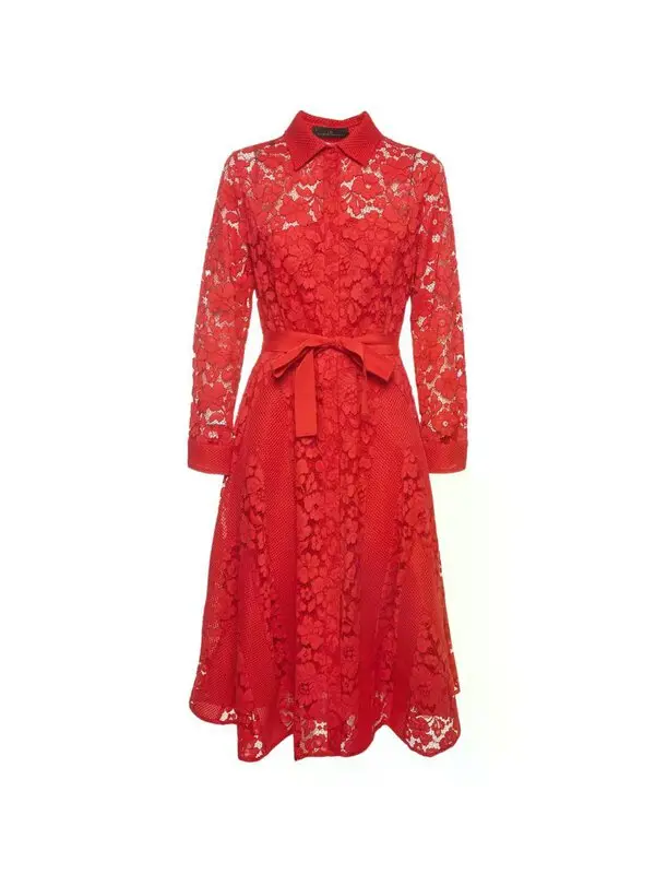 Carolina Herrera Midi Belted Lace Dress - Red