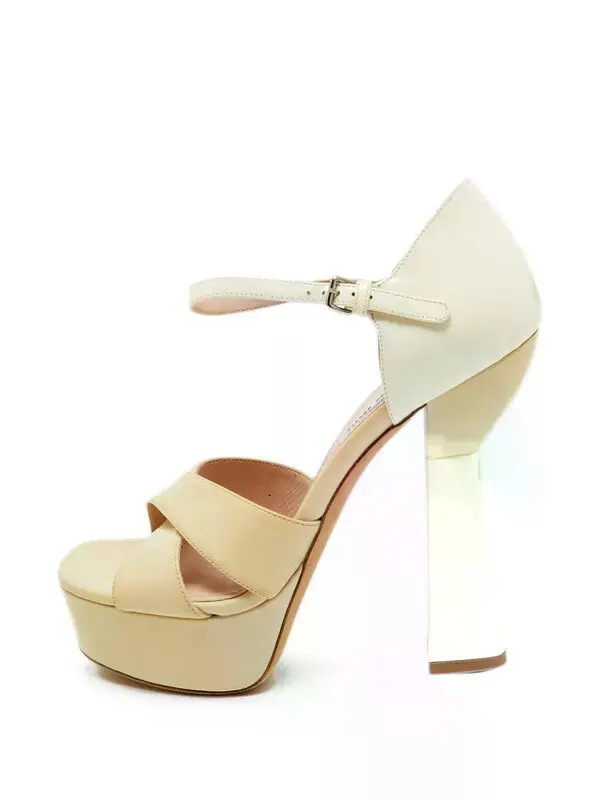 Miu Miu Beige Leather Patent Criss-cross Platform High Block Heel Sandals - Neutrals