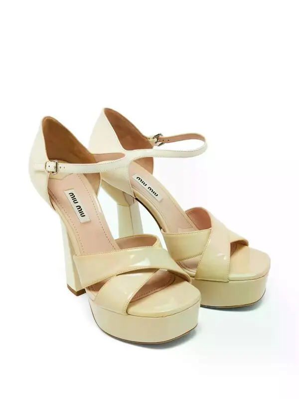 Miu Miu Beige Leather Patent Criss-cross Platform High Block Heel Sandals