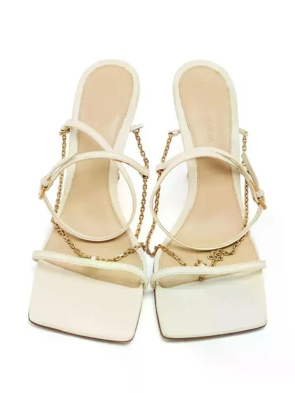 Bottega Veneta Cream White Leather Square-toe Stiletto Sandals With Gold-tone Chain Detailing