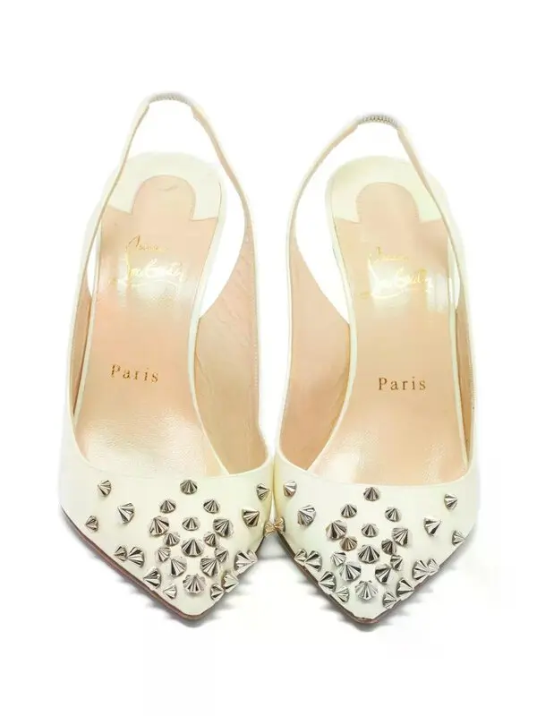 CHRISTIAN LOUBOUTIN Cream Patent Leather Drama Studded Slingback Pumps