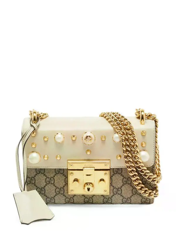Gucci Small Padlock Gg Supreme Shoulder Bag With Pearl Embellishments