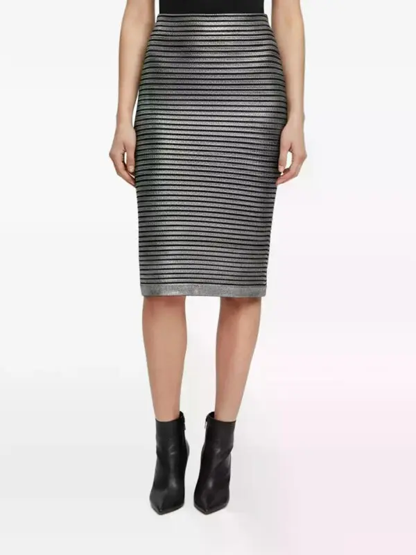 Balmain Rib Knit Horizontal Stripe Metallic Midi Skirt