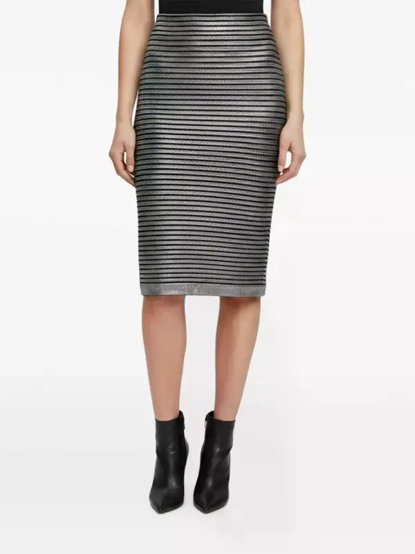 Balmain Rib Knit Horizontal Stripe Metallic Midi Skirt - Black