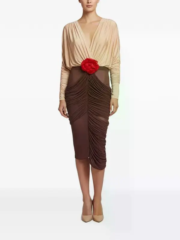 Magda Butrym Ruched V-neck Midi Dress - Brown