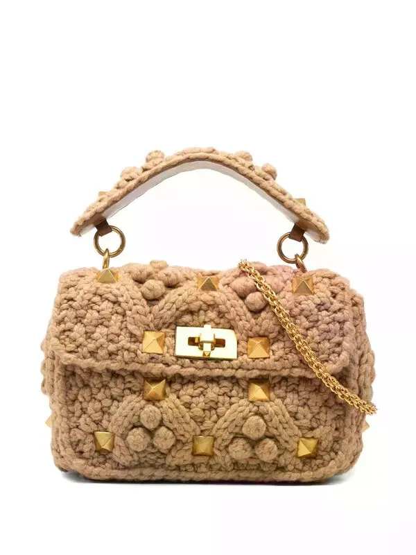Valentino Garavani Medium Knit Roman Stud Satchel - Neutrals