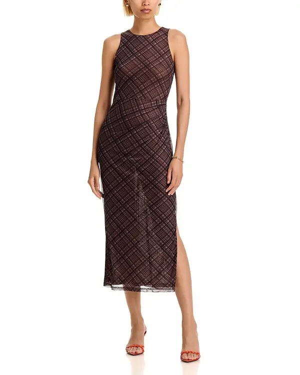 Aqua Plaid Mesh Sleeveless Midi Dress