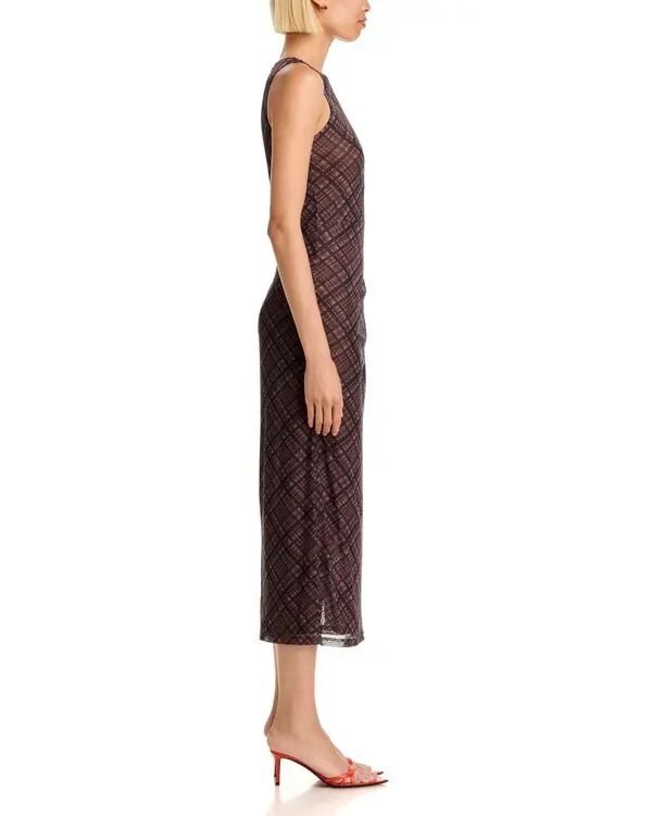Aqua Plaid Mesh Sleeveless Midi Dress