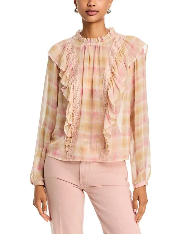 Aqua Plaid Ruffle Lace Inset Top